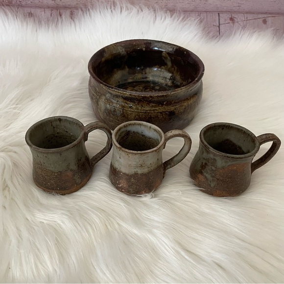 Dining | Studio Art Ceramic Bowl And 3 Mini Mugs Set Signed Pottery ...